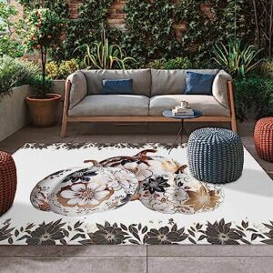 Thanksgiving Fall Outdoor Rug for Patio/Deck/Porch, Non-Slip Large Area Rug 6 x 9 Ft, Pumpkin Harvest Gray Floral Botanical Indoor Outdoor Rugs Washable Area Rugs, Reversible Camping Rug Carpet Runner