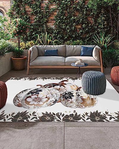 Thanksgiving Fall Outdoor Rug for Patio/Deck/Porch, Non-Slip Large Area Rug 6 x 9 Ft, Pumpkin Harvest Gray Floral Botanical Indoor Outdoor Rugs Washable Area Rugs, Reversible Camping Rug Carpet Runner