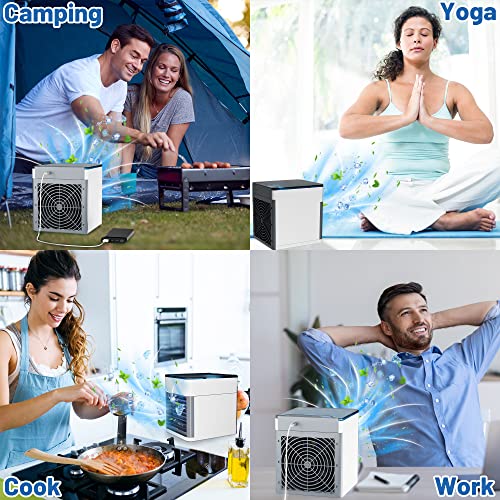 Portable Air Conditioner, Upgraded Mini Personal Evaporative Air Cooler Fan Multifunction 4 in 1 with 3 Speeds, USB LED Light Small for Room Bedroom Office Home Tent