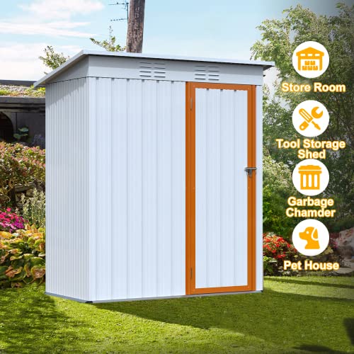 Metal Outdoor Storage Shed Galvanized Metal Garden Shed with Lockable Doors, Tool Storage Shed for Patio Lawn Backyard Trash Cans for Garden/Backyard/Home (White)