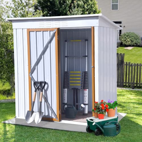 Metal Outdoor Storage Shed Galvanized Metal Garden Shed with Lockable Doors, Tool Storage Shed for Patio Lawn Backyard Trash Cans for Garden/Backyard/Home (White)