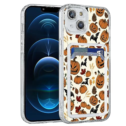 KANKENLU Boho Pumpkin Bat Leaves Halloween Pattern Clear Phone Case Compatible with iPhone 13 Mini with Card Holder,Halloween Theme Case for Women Girl,Card Slot Slim Wallet Case