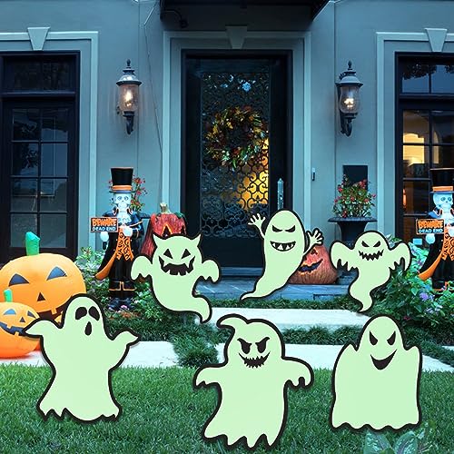 Halloween Decorations Outdoor Yard Signs, 6 PCS Glow in the Dark Fluorescence Halloween Scary Ghost Yard Signs with Stakes，Scary Silhouette Halloween Decorations for Outdoor Lawn Garden