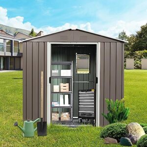 Outdoor Storage Shed 8 x 4 FT, Waterproof Galvanized Steel Storage House, All Weather Metal Shed with Lockable Door, Tool Shed Outdoor Storage for Garden, Patio, Backyard, Lawn (Brown)