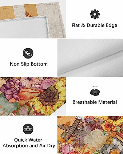 Hello Fall Outdoor Rug for Patio/Deck/Porch, Non-Slip Area Rug 6x9 Ft, Thanksgiving Pumpkin Floral Maple Leaf Yellow Beige Striped Indoor Outdoor Rugs Washable Area Rugs, Reversible Camping Rug Carpet