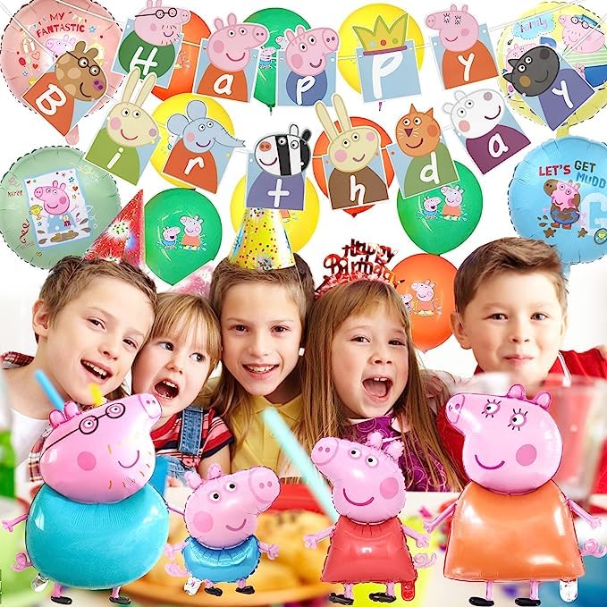 Pig Birthday Party Decorations, 1 Happy Birthday Banner 6 Large Pig Balloons Foil Balloons Table Cover - 1.8m Birthday Party Decoration Supplies