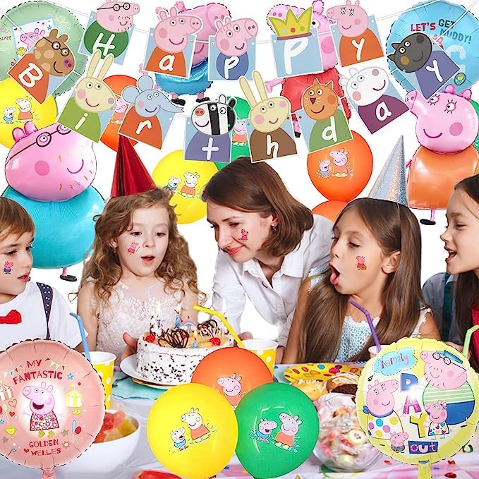 Pig Birthday Party Decorations, 1 Happy Birthday Banner 6 Large Pig Balloons Foil Balloons Table Cover - 1.8m Birthday Party Decoration Supplies