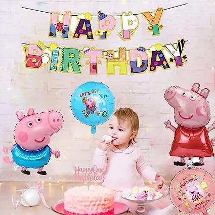 Pig Birthday Party Decorations, 1 Happy Birthday Banner 6 Large Pig Balloons Foil Balloons Table Cover - 1.8m Birthday Party Decoration Supplies