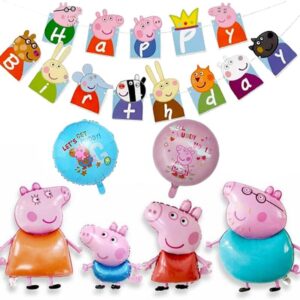 Pig Birthday Party Decorations, 1 Happy Birthday Banner 6 Large Pig Balloons Foil Balloons Table Cover - 1.8m Birthday Party Decoration Supplies