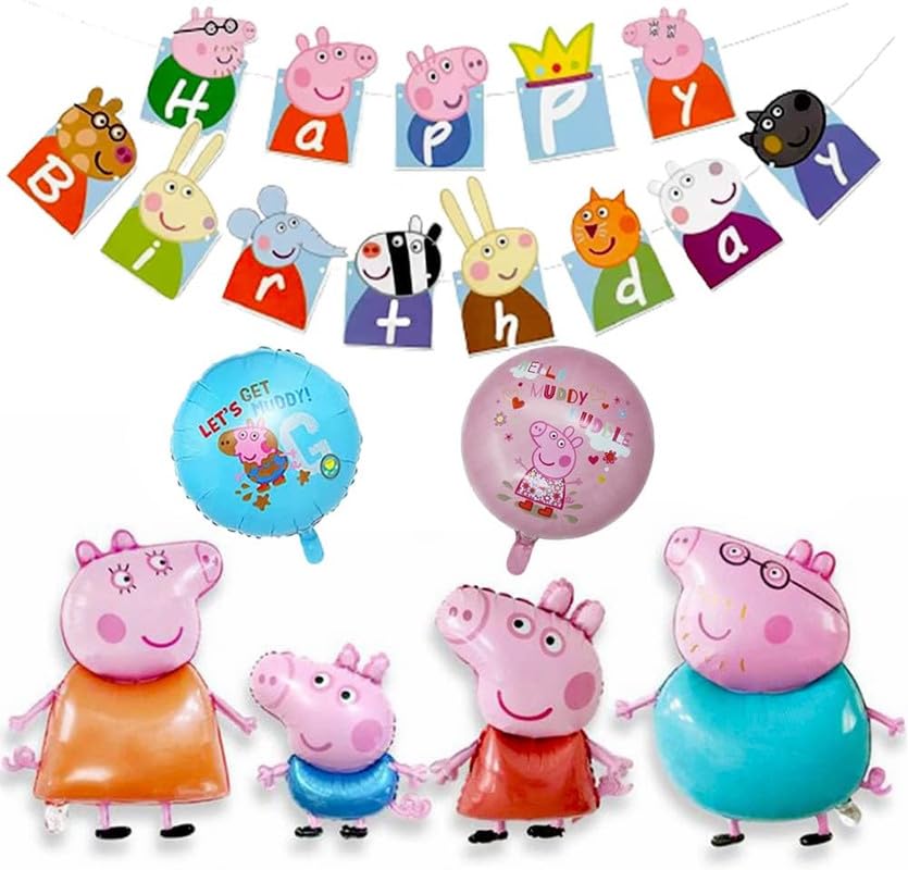 Pig Birthday Party Decorations, 1 Happy Birthday Banner 6 Large Pig Balloons Foil Balloons Table Cover - 1.8m Birthday Party Decoration Supplies