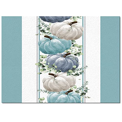 OComster Fall Thanksgiving Rectangle Shape Large Area Rugs - 2 x 3 Feet Blue Grey Pumpkin Eucalyptus Leaves Teal Striped - (Non-Woven + Rubber) Low File Floor Mat