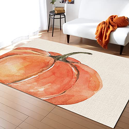 OComster Thanksgiving Rectangle Shape Large Area Rugs - 4 x 6 Feet Watercolor Orange Pumpkin Fall Fruit Burlap - (Non-Woven + Rubber) Low File Floor Mat