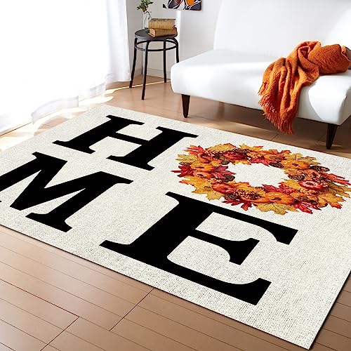 OComster Thanksgiving Rectangle Shape Large Area Rugs - 5 x 7 Feet Fall Pumpkin Maple Leaves Wreath Home Wooden - (Non-Woven + Rubber) Low File Floor Mat