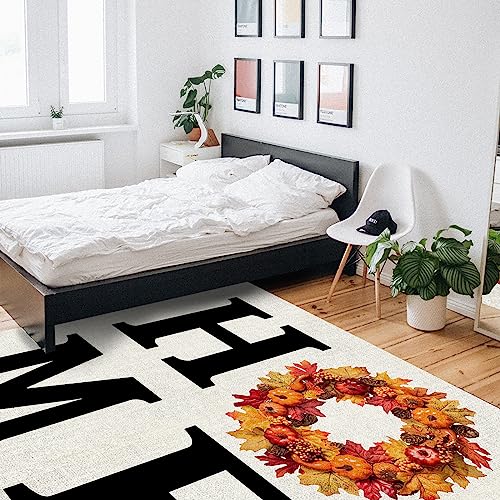 OComster Thanksgiving Rectangle Shape Large Area Rugs - 5 x 7 Feet Fall Pumpkin Maple Leaves Wreath Home Wooden - (Non-Woven + Rubber) Low File Floor Mat