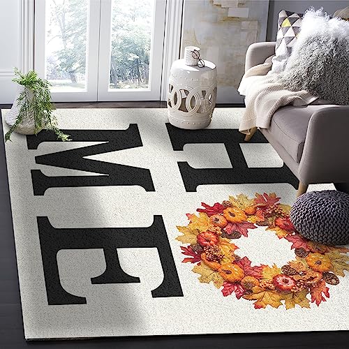 OComster Thanksgiving Rectangle Shape Large Area Rugs - 5 x 7 Feet Fall Pumpkin Maple Leaves Wreath Home Wooden - (Non-Woven + Rubber) Low File Floor Mat