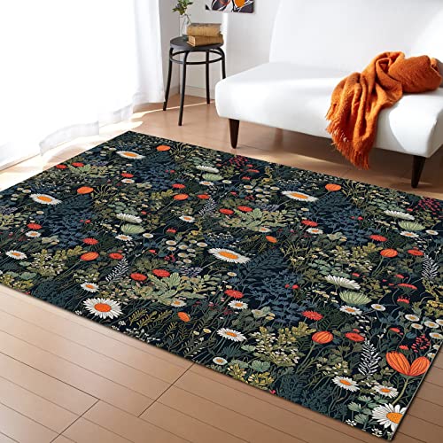 OComster Flower Plant Rectangle Shape Large Area Rugs - 2 x 3 Feet White Orange Daisy Green Botanical Floral Leaf - (Non-Woven + Rubber) Low File Floor Mat