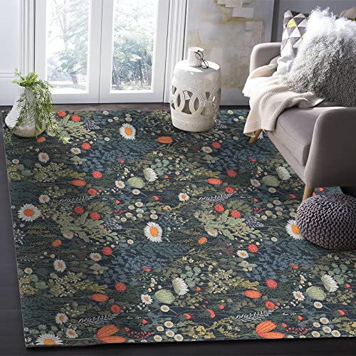 OComster Flower Plant Rectangle Shape Large Area Rugs - 2 x 3 Feet White Orange Daisy Green Botanical Floral Leaf - (Non-Woven + Rubber) Low File Floor Mat