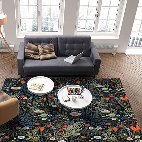 OComster Flower Plant Rectangle Shape Large Area Rugs - 2 x 3 Feet White Orange Daisy Green Botanical Floral Leaf - (Non-Woven + Rubber) Low File Floor Mat