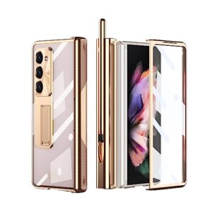 puroom for samsung galaxy z fold 5 hinge coverage protective case transparent plating pc with pen holder kickstand screen protector all-inclusive case (z fold 5, gold)