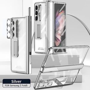 PUROOM for Samsung Galaxy Z Fold 5 Hinge Coverage Protective Case Transparent Plating PC with Pen Holder Kickstand Screen Protector All-Inclusive Case (z fold 5, Silver)