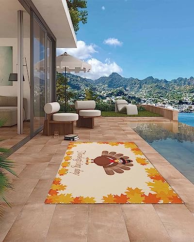 Outdoor Area Rug for Patio,Thanksgiving Day Turkey Fall Maple Camping Rugs Indoor Large Floor Mat 4x6ft,Autumn Orange Pumpkin Fallen Leaves Outside Carpet for Deck RV Picnic Porch Backyard Bedroom