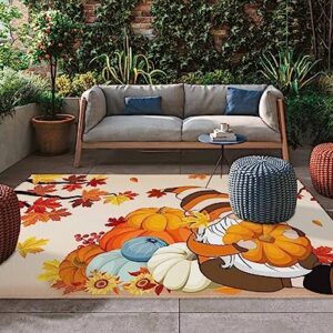 Outdoor Area Rug for Patio,Thanksgiving Dwarf Pumpkin Maple Leaf Camping Rugs Indoor Large Floor Mat 5x8ft,Fall Orange Gradient Leaves Outside Carpet for Deck RV Picnic Porch Backyard Bedroom