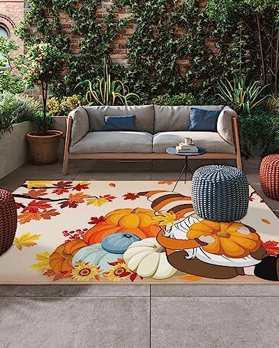 Outdoor Area Rug for Patio,Thanksgiving Dwarf Pumpkin Maple Leaf Camping Rugs Indoor Large Floor Mat 5x8ft,Fall Orange Gradient Leaves Outside Carpet for Deck RV Picnic Porch Backyard Bedroom