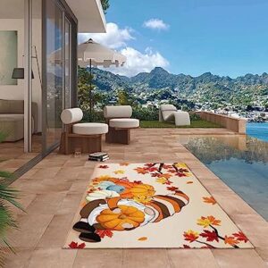 Outdoor Area Rug for Patio,Thanksgiving Dwarf Pumpkin Maple Leaf Camping Rugs Indoor Large Floor Mat 5x8ft,Fall Orange Gradient Leaves Outside Carpet for Deck RV Picnic Porch Backyard Bedroom