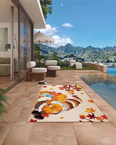 Outdoor Area Rug for Patio,Thanksgiving Dwarf Pumpkin Maple Leaf Camping Rugs Indoor Large Floor Mat 5x8ft,Fall Orange Gradient Leaves Outside Carpet for Deck RV Picnic Porch Backyard Bedroom