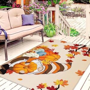 Outdoor Area Rug for Patio,Thanksgiving Dwarf Pumpkin Maple Leaf Camping Rugs Indoor Large Floor Mat 5x8ft,Fall Orange Gradient Leaves Outside Carpet for Deck RV Picnic Porch Backyard Bedroom