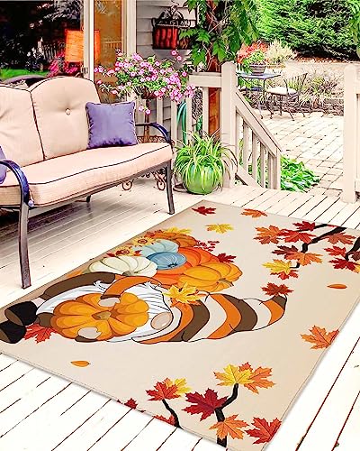 Outdoor Area Rug for Patio,Thanksgiving Dwarf Pumpkin Maple Leaf Camping Rugs Indoor Large Floor Mat 5x8ft,Fall Orange Gradient Leaves Outside Carpet for Deck RV Picnic Porch Backyard Bedroom