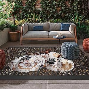 Outdoor Area Rug for Patio,Fall Thanksgiving Pumpkin Black Camping Rugs Indoor Large Floor Mat 5x8ft,White Floral Gold Leaves Outside Carpet for Deck RV Picnic Porch Backyard Bedroom Living Room