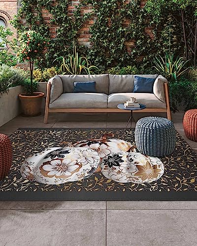 Outdoor Area Rug for Patio,Fall Thanksgiving Pumpkin Black Camping Rugs Indoor Large Floor Mat 5x8ft,White Floral Gold Leaves Outside Carpet for Deck RV Picnic Porch Backyard Bedroom Living Room