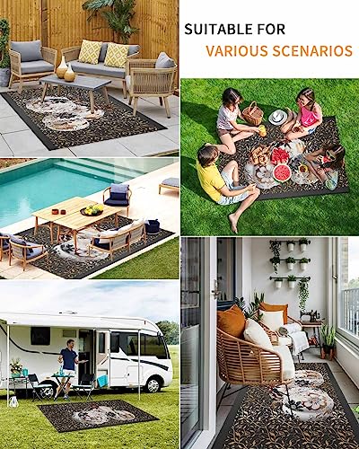 Outdoor Area Rug for Patio,Fall Thanksgiving Pumpkin Black Camping Rugs Indoor Large Floor Mat 5x8ft,White Floral Gold Leaves Outside Carpet for Deck RV Picnic Porch Backyard Bedroom Living Room