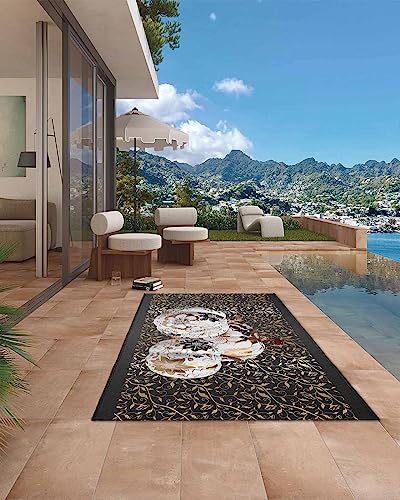 Outdoor Area Rug for Patio,Fall Thanksgiving Pumpkin Black Camping Rugs Indoor Large Floor Mat 5x8ft,White Floral Gold Leaves Outside Carpet for Deck RV Picnic Porch Backyard Bedroom Living Room