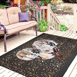 Outdoor Area Rug for Patio,Fall Thanksgiving Pumpkin Black Camping Rugs Indoor Large Floor Mat 5x8ft,White Floral Gold Leaves Outside Carpet for Deck RV Picnic Porch Backyard Bedroom Living Room