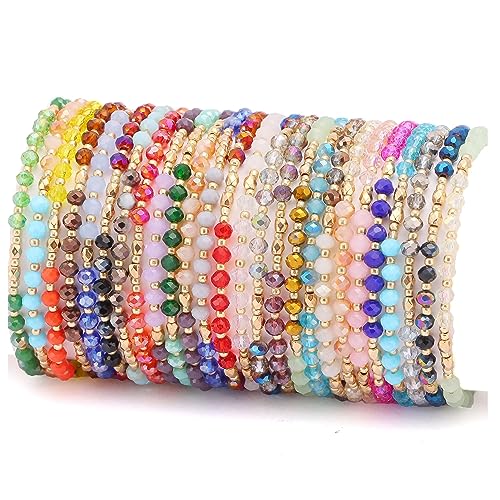 MOZAKA 26Pcs Boho Beaded Bracelets for Women Colorful Stackable Sparkly Crystal Beads Bracelets Stretch Strand Statement Bracelets