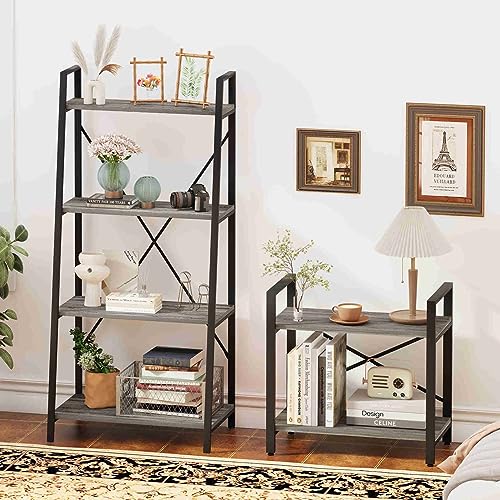 BON AUGURE Small Bookshelf for Small Space, 4-Tier Ladder Bookshelf, Wood and Metal Bookcase for Living Room, Bedroom and Office (Dark Gray Oak)