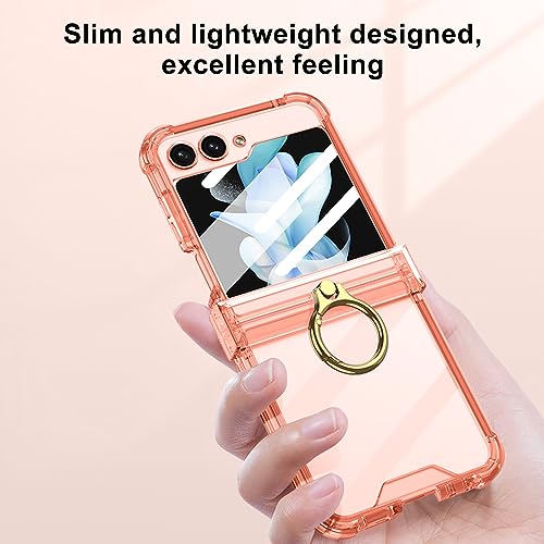 PUROOM for Samsung Galaxy Z Flip 5 Case Hinge Protection Luxury Soft Transparent with Ring Holder Built-in Screen Protector All-Inclusive Shockproof Cover (Orange)