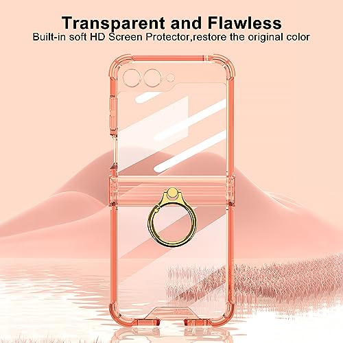 PUROOM for Samsung Galaxy Z Flip 5 Case Hinge Protection Luxury Soft Transparent with Ring Holder Built-in Screen Protector All-Inclusive Shockproof Cover (Orange)