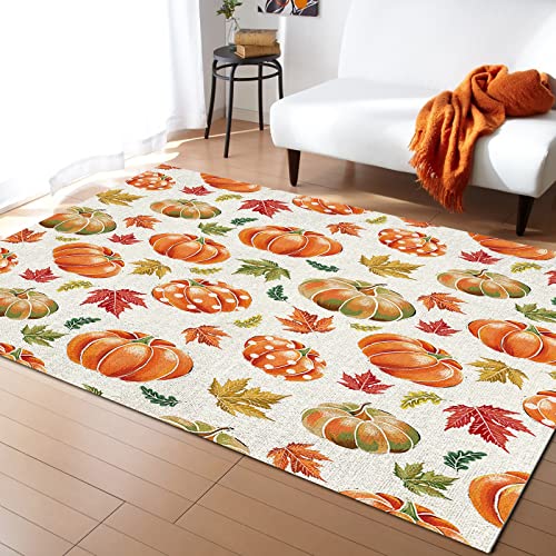 Boho Pumpkin Area Runner Rug Carpet 5'x7',Outdoor Indoor Kitchen Living Room Bathroom Bedroom Washable Bath Rug,Doormat Desk Welcome Floor Door Mat,Thanksgiving Harvest Autumn Fall Leaves Beige