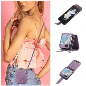 ueebai crossbody wallet case for samsung galaxy z flip 5 5g, card slots adjustable crossbody zipper cover detachable lanyard strap flip case with hand strap kickstand case - purple