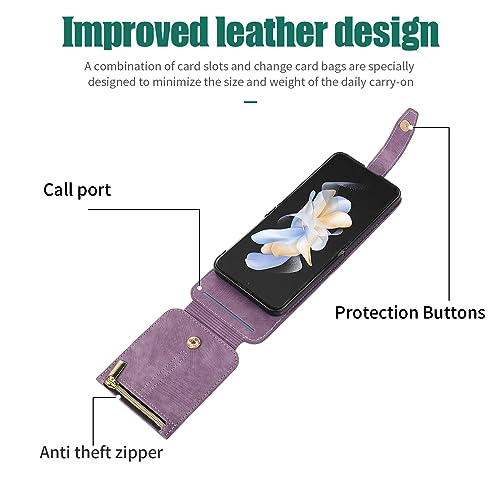 UEEBAI Crossbody Wallet Case for Samsung Galaxy Z Flip 5 5G, Card Slots Adjustable Crossbody Zipper Cover Detachable Lanyard Strap Flip Case with Hand Strap Kickstand Case - Purple