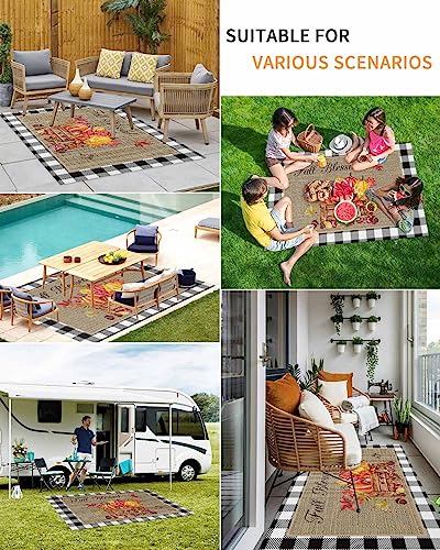 Outdoor Rug 4x6 Reversible Mats Non-Slip Area Rug Outdoor Carpet,Thanksgiving Pumpkin Autumn Leaves Mat for Patio Camping Rv Picnic Backyard Deck Balcony Porch Beach Trailer