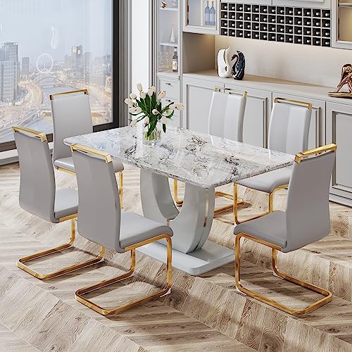 JUFU Modern Dining Table Set for 6,Rectangula Kitchen Table Set with Faux Marble Tabletop＆6 Pu Leather Upholstered Chairs Ideal for Dining Room, Kitchen