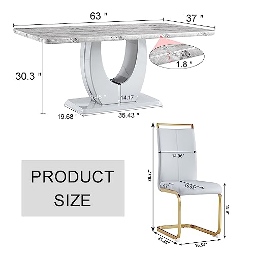 JUFU Modern Dining Table Set for 6,Rectangula Kitchen Table Set with Faux Marble Tabletop＆6 Pu Leather Upholstered Chairs Ideal for Dining Room, Kitchen