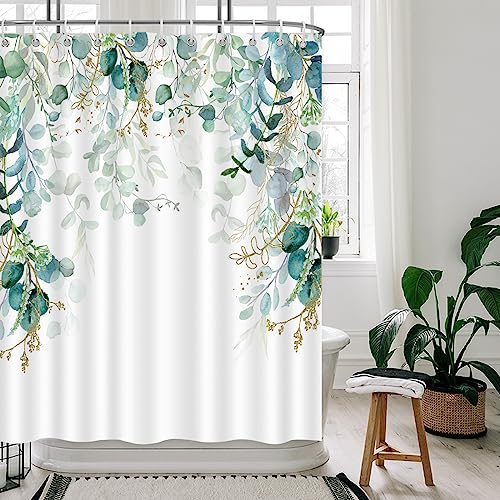 QOQIBU Sage Green Shower Curtain for Bathroom with 12 Hooks, Waterproof Enhanced Shower Curtains with Eucalyptus Leaf Plant Pattern, Floral Shower Curtain Inspired by Nature for Decoratin-72 x72