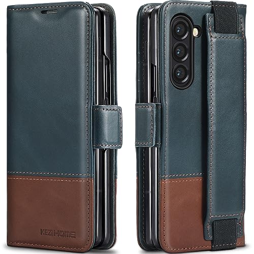 KEZiHOME for Galaxy Z Fold 5 Case, Genuine Leather Wallet Case [RFID Blocking] with Card Holder Stand Shockproof Protective Flip Cover Compatible with Samsung Galaxy Z Fold 5 (Navy Blue/Brown)