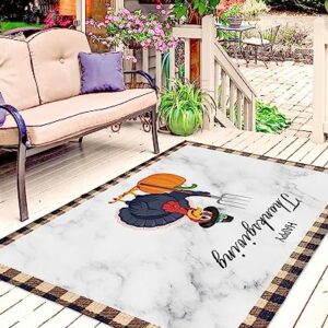 Thanksgiving Turkey and Pumpkin Outdoor Patio Rug for Deck,Picnic,Porch,Balcony 6x9ft Water Absorb Non Skid Area Rugs,Washable Camping RV Carpet Mats White Grey Marble Texture