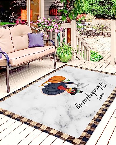 Thanksgiving Turkey and Pumpkin Outdoor Patio Rug for Deck,Picnic,Porch,Balcony 6x9ft Water Absorb Non Skid Area Rugs,Washable Camping RV Carpet Mats White Grey Marble Texture